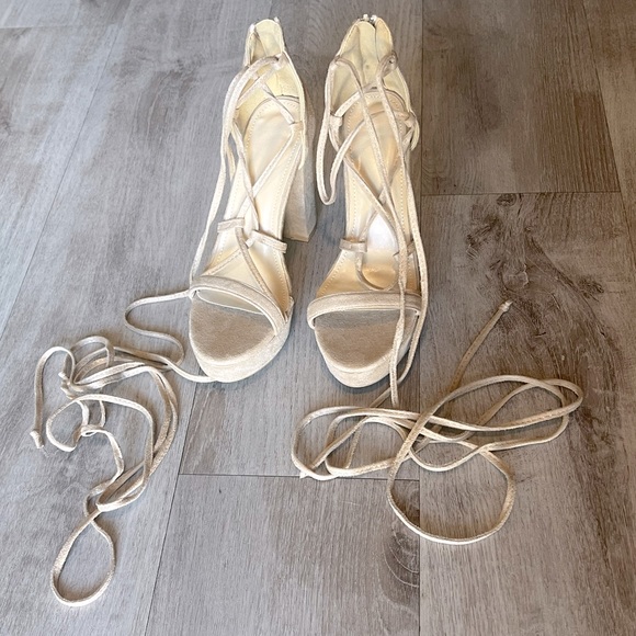 Shoes | Nwot Beige Chunky Open Toe Heel Sandals With Elegant Wraps To ...
